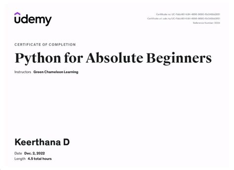 Completion Certificate For Python Course On Udemy Keerthana D Posted