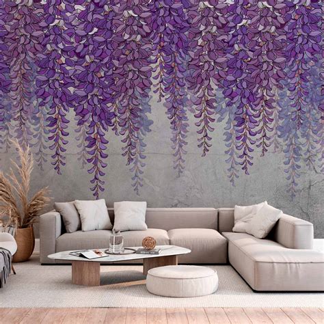 Elegant Purple Wisteria Wall Mural Wallpaper With Concrete Texture