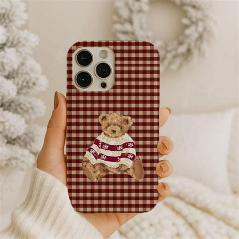 Cute Teddy Bear Plaid Winter Holiday Art Phone Case For Iphone 11 12 13 14 15 16 17 Pro Max