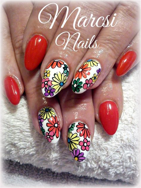Red Nail Red Nail With Flower Colorful Flower Nail Art Design