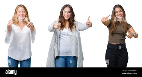 Collage Of Group Of Three Young Beautiful Women Over White Isolated