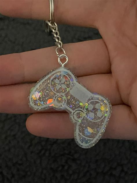 Gaming Controller Handmade Epoxy Resin Keyring Small Light Blue