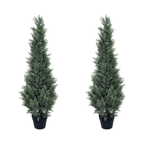 5 Ft 2 Piece Artificial Cedar Topiary Trees For Outdoors Potted Fake