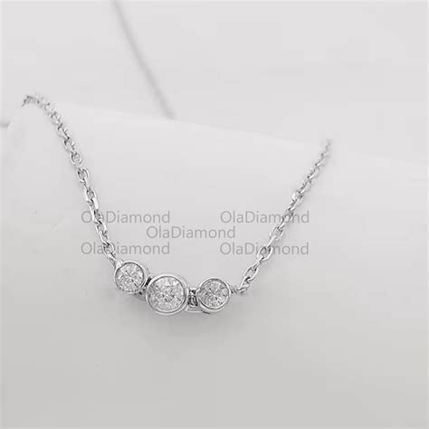3 Stone Bezel Set Round Moissanite Or Lab Diamond Necklace 10k White