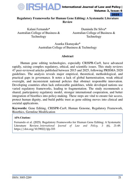 Pdf Regulatory Frameworks For Human Gene Editing A Systematic