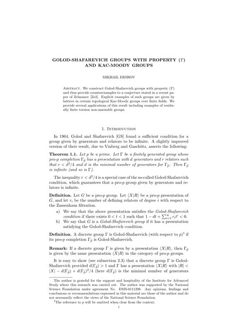 Pdf Golod Shafarevich Groups With Property T And Kac Moody Groups