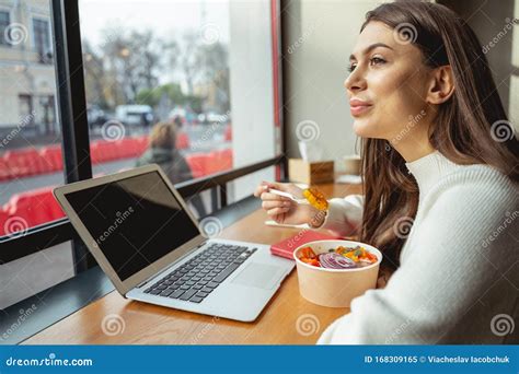 Profile Photo Of Cute Female That Having Lunch Stock Image Image Of