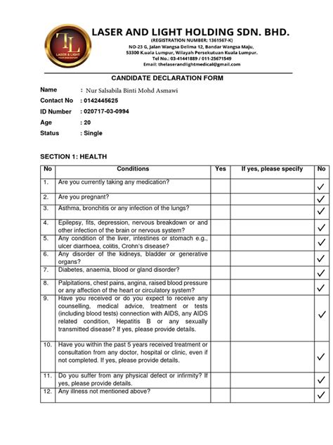 Health Declaration Form Pdf Hivaids Medical Specialties