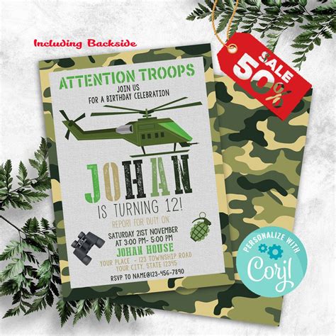 Editable Army Birthday Invitation Army Invitation Army Etsy