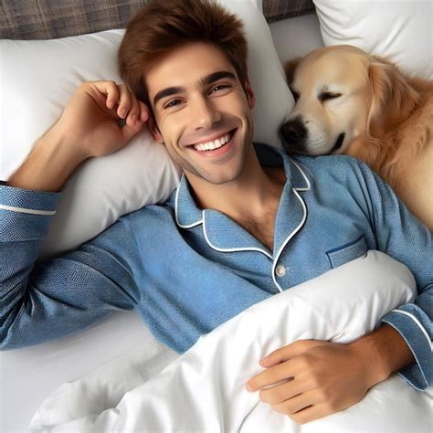 Premium Ai Image Dog Sleeping With His Owner On The White Bed