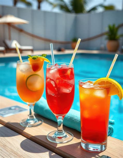 Refreshing Cocktails Served Poolside During A Sunny Day At A Resort