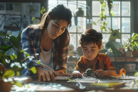 Premium Photo Mother And Son Participating In A Creative Diy Wor