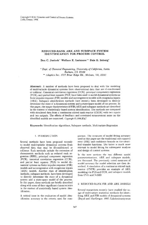 Pdf Reduced Rank Arx And Subspace System Identification For Process