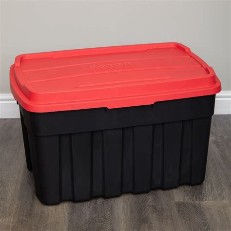 140l Black And Red Tuff Stackable Storage Box With Lid And Carry Handl