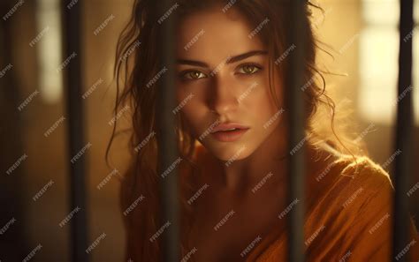 Premium Ai Image Criminal Woman Behind Prison Bars Looking At Camera Offender Girl Criminal
