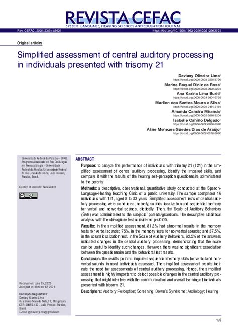 Pdf Simplified Assessment Of Central Auditory Processing In Individuals Presented With Trisomy 21