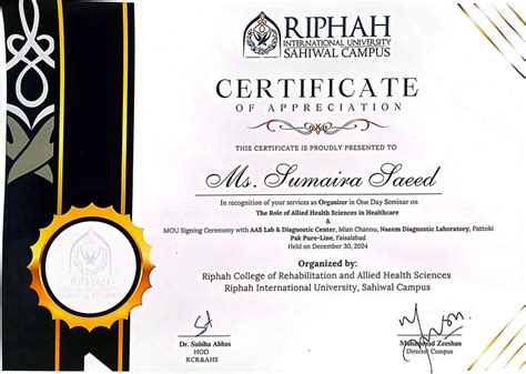 Appreciation Healthcare Alliedhealthsciences Leadership Sumaira Saeed🥇