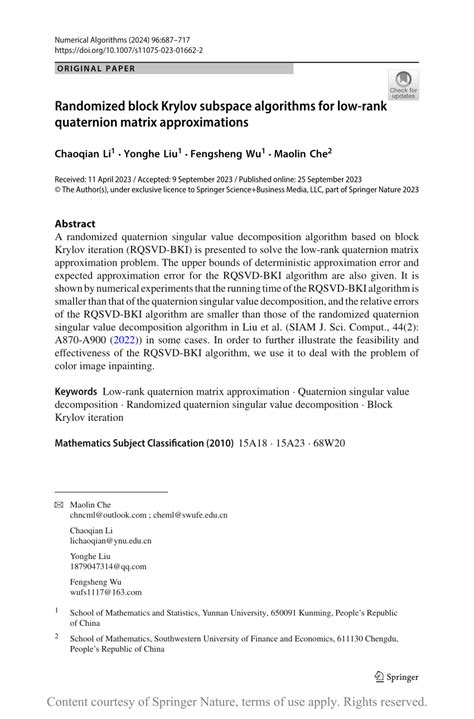 randomized block krylov subspace algorithms for low rank quaternion