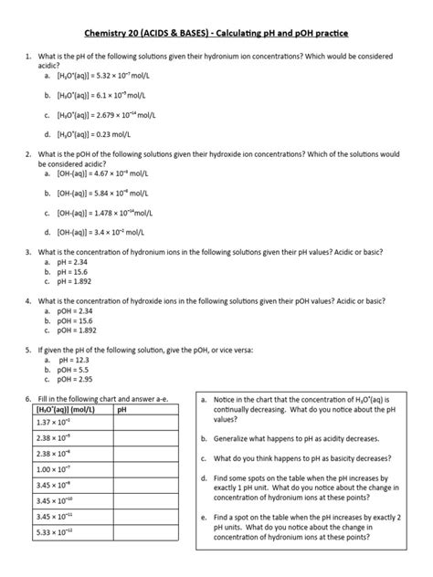 2 Ph And Poh Calculations Practice Pdf Ph Hydroxide