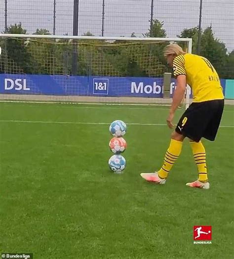 Erling Haaland Scores By Putting Three Balls Together To Hit Target In