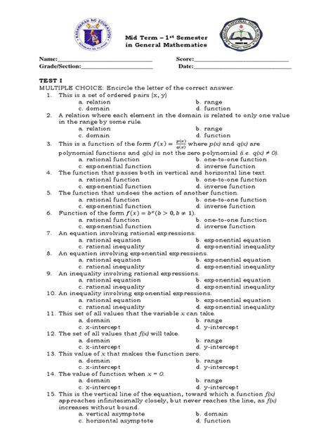 General Mathematics 1st Sem Mid Term Exam Pdf Function Mathematics Exponential Function