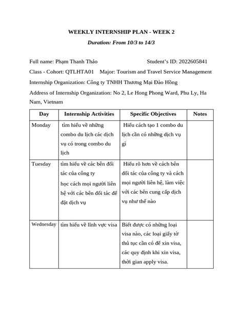 Weekly Internship Plan Week 1 Pdf