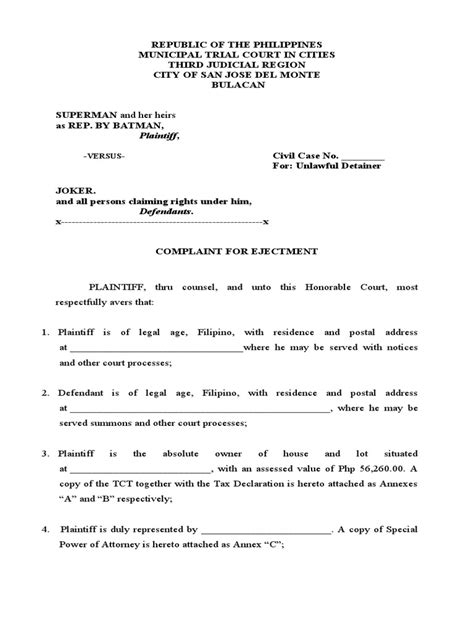 Complaint For Ejectment Pdf Lawsuit Complaint