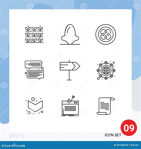 Editable Vector Line Pack Of 9 Simple Outlines Of Direction Communication Nose Chat Fruit