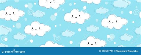 Cute Smiling Clouds In Sky Doodle Pattern Stock Vector Illustration