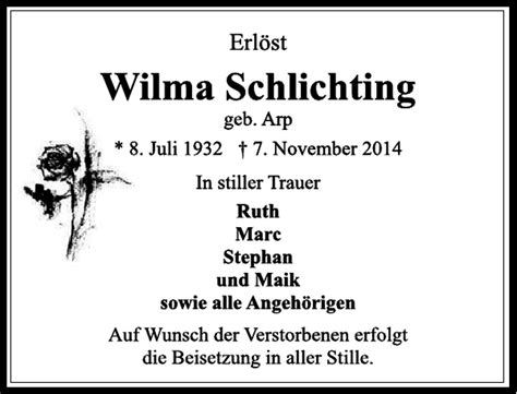 Wilma Schlichting Traueranzeige Cuxhavener Nachrichten