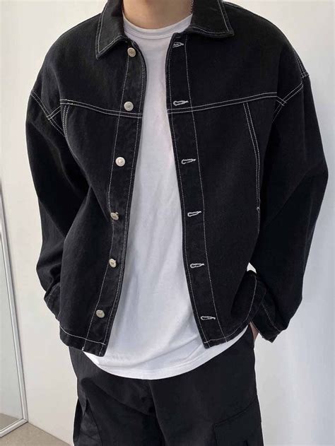 Men Drop Shoulder Top Stitching Denim Jacket Roupas Masculinas