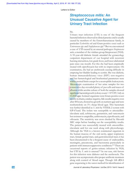 Pdf Streptococcus Mitis An Unusual Causative Agent For Urinary Tract