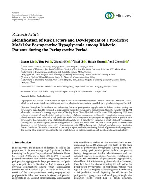 Pdf Identification Of Risk Factors And Development Of A Predictive Model For Postoperative