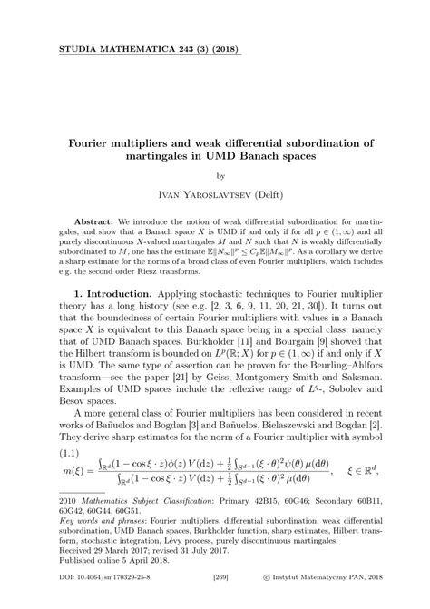 Pdf Fourier Multipliers And Weak Differential Subordination Of Martingales In Umd Banach