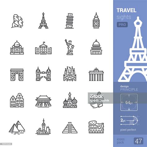 여행 명소개요 아이콘프로 팩 국제 관광명소에 대한 스톡 벡터 아트 및 기타 이미지 국제 관광명소 유명한 장소 여행 주제 Istock