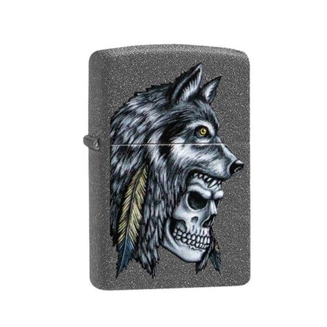 Zippo Windproof Lighter Wolf Skull Feather Design Iron Stone Finish