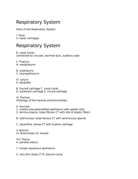 Respiratory System Notes Respiratory System Parts Of The Respiratory System I Nosea Nasal