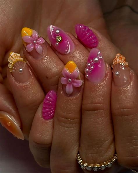 Handmade Pink Shell 3d Flower Pearl Summer Beach Press On Nails R50 Gel Nails Nail Art