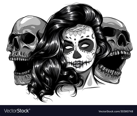 Monochromatic Sugar Skull Girl Face With Make Up Vector Image
