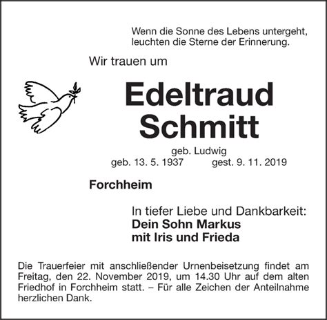 Traueranzeigen Von Edeltraud Schmitt Trauer Nn De