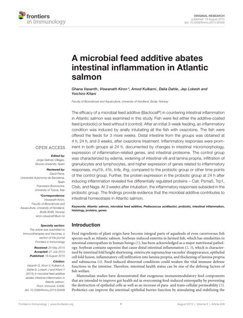 Pdf A Microbial Feed Additive Abates Intestinal Inflammation In Atlantic Salmon