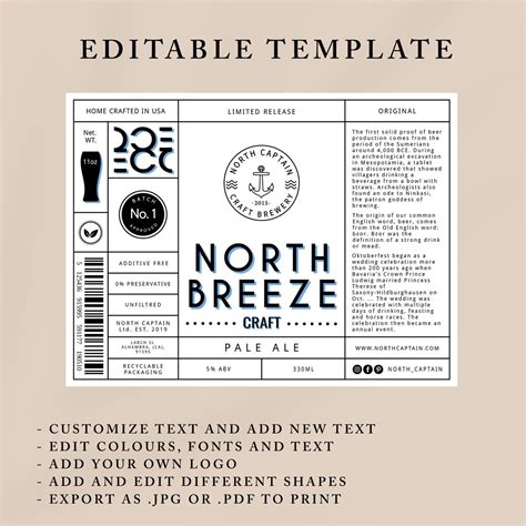 Editable Beer Label Template Printable Beer Bottle Label Kombucha