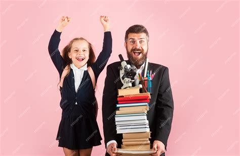 Premium Photo Father Or Teacher Hold Big Stack School Textbook