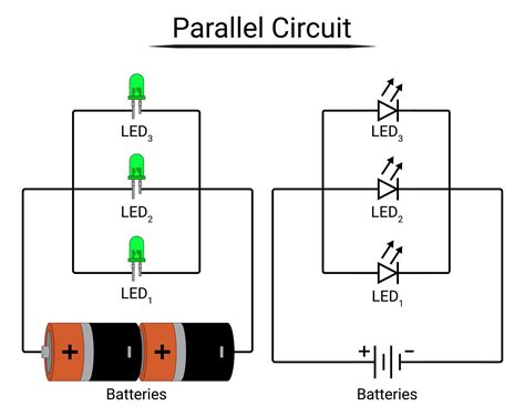 parallel circuit of 3 leds connected to batteries electric circuit