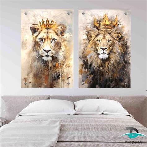 זוג תמונות קנבס או זכוכית אריה ולביאה בזהב דגם 1112 תמונות דאלי גלריה לעיצוב הבית