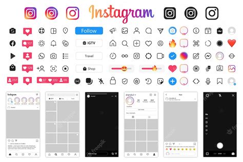 Instagram 소셜 네트워크 앱 인터페이스 아이콘 및 스마트폰 프레임 화면 템플릿 프리미엄 벡터