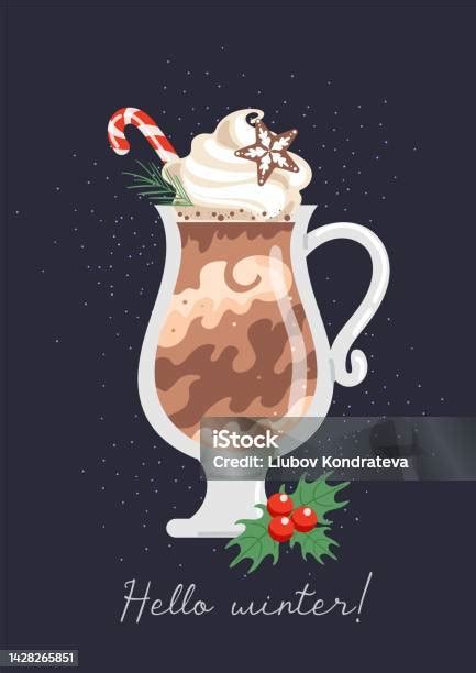 겨울 크리스마스 음료 핫 초콜릿 크리스탈 유리에 휘핑 크림 진저 브레드 눈송이 사탕 지팡이와 홀리 메뉴 카페 엽서 포스터