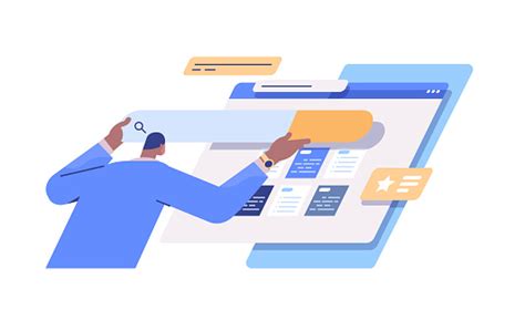 웹 사이트 ui 인터페이스 웹 응용 프로그램 개발 프로그램 소프트웨어 최적화 개념을 만드는 남자 개발자 가공의 인물에 대한 스톡
