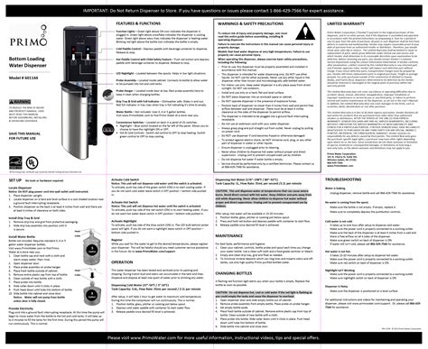 Primo Bottom Loading Water Dispenser Model 601144 User Manual