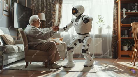 Elderly Person Interacting With A Humanoid Robot At Home Illustrating Companionship And